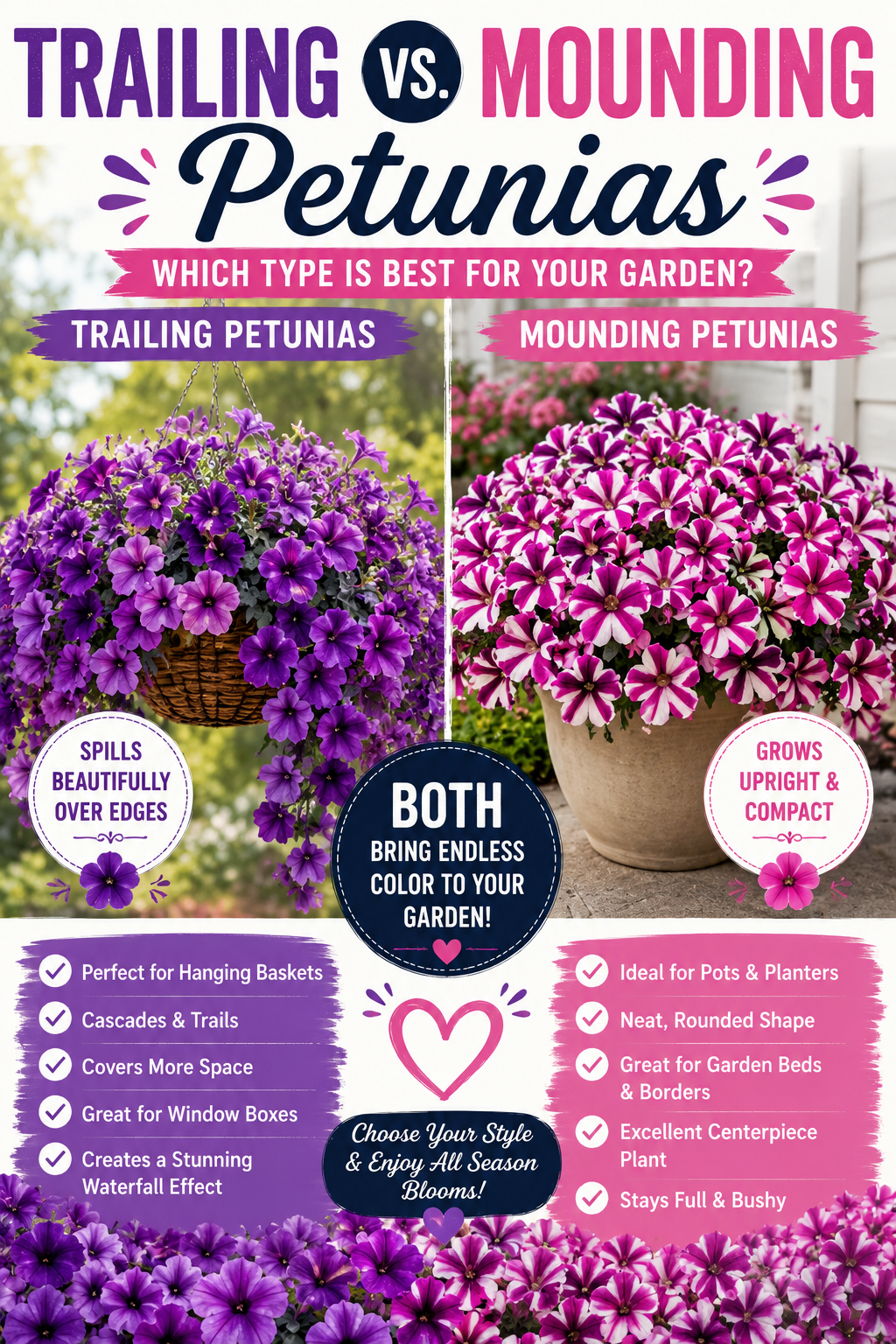 Trailing petunias cascading from hanging baskets beside compact ...